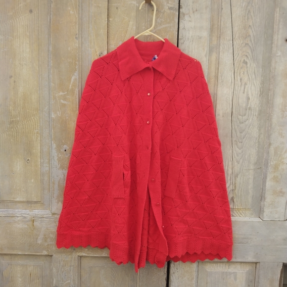 Vintage | Sweaters | Vintage Red Knit Cape Cardigan | Poshmark